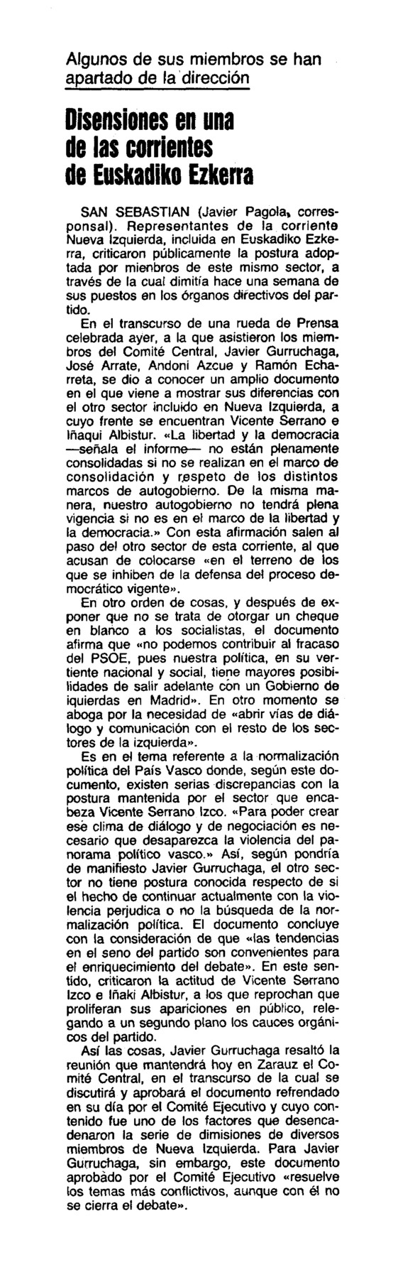 Disensiones en una de las corrientes de Euskadiko Ezkerra - Archivo ...